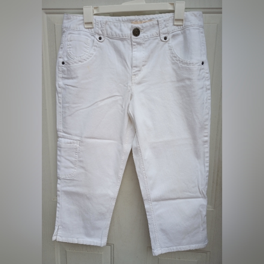 Dkny White Denim Cargo Capri Pants Cropped Stretch Je… - Gem